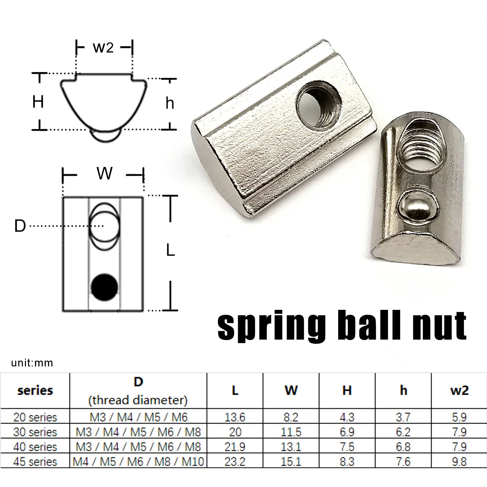 M3 M4 M5 M6 M8 M10 T Shape Block Sliding Nut Drop In Spring Ball ...