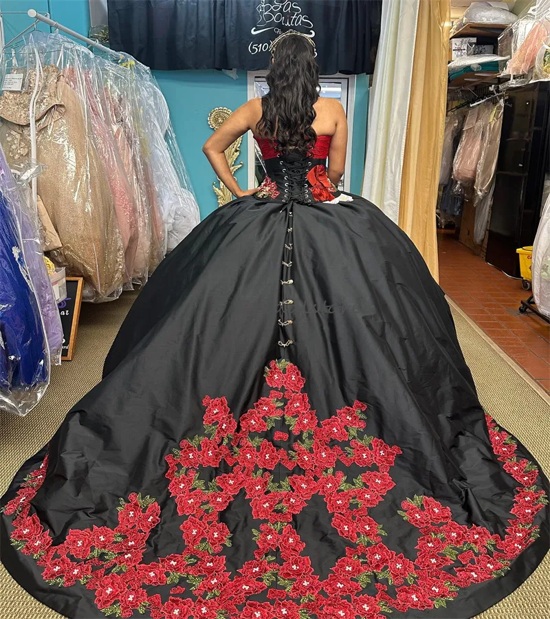 Mexican Black Charro Quinceanera Dresses Red Organza Tiered Ruffles ...