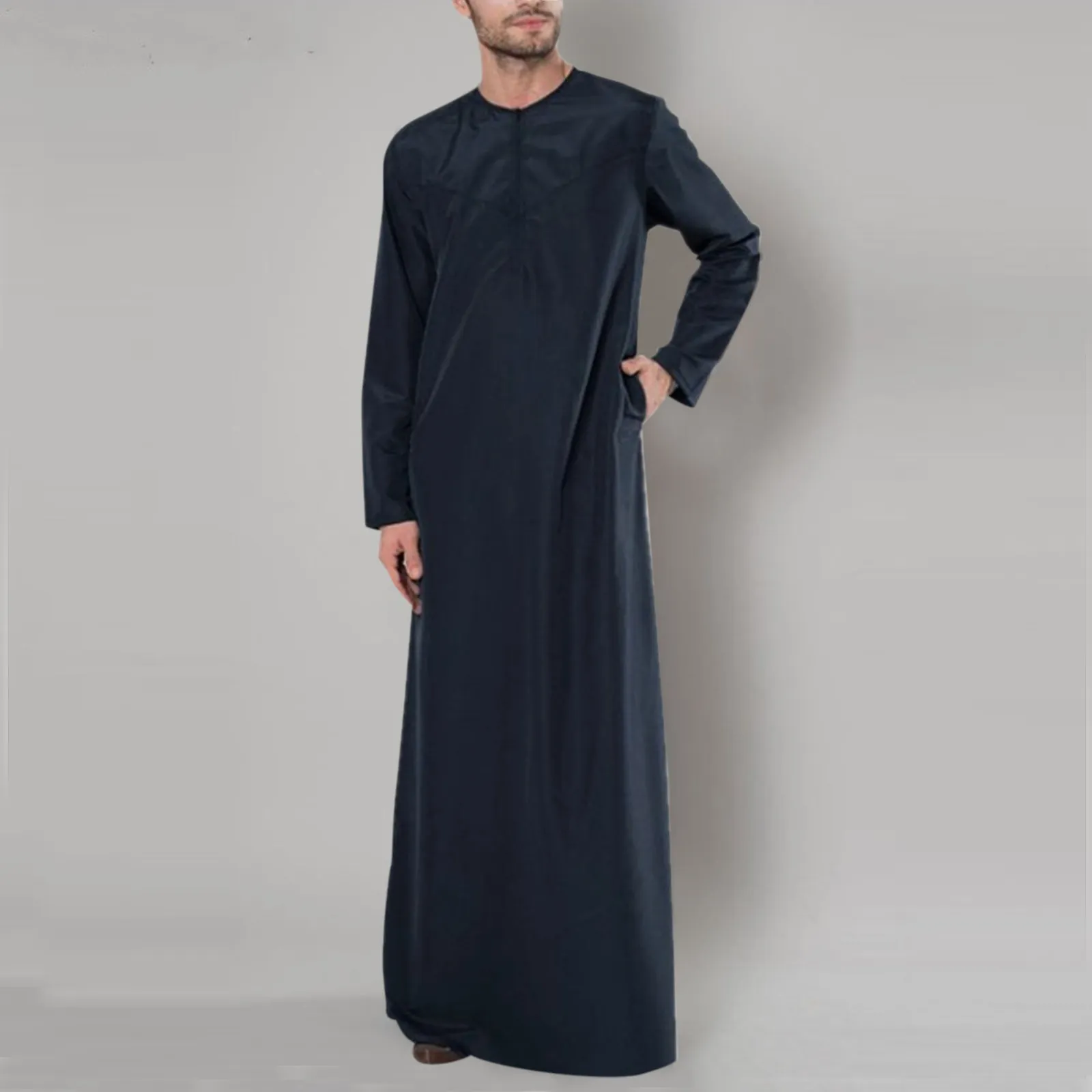 Islamic Clothes Men Long Sleeve Robe: Solid Color Zipper Front Abaya ...
