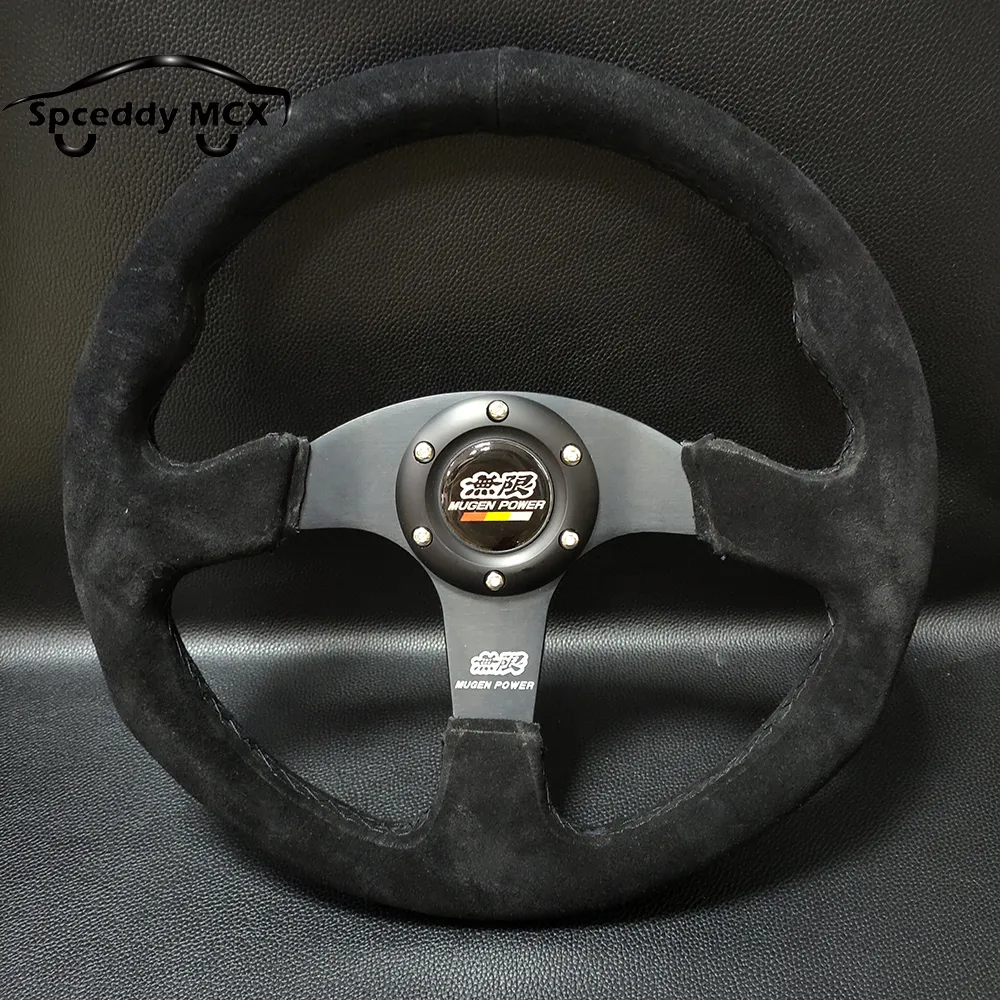 Black Spoke Suede Leather JDM Mugen 14inch Racing Steering Wheel Flat ...