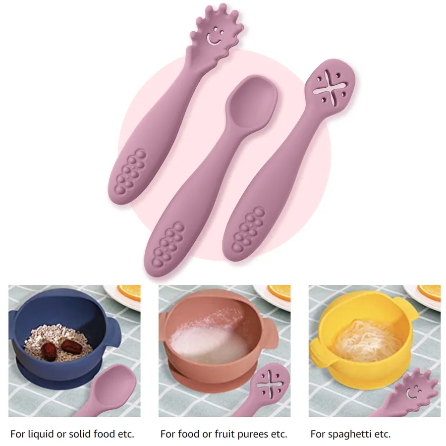 3-Pack Baby Spoons & Teether Set - Silicone Utensils for Baby-Led ...