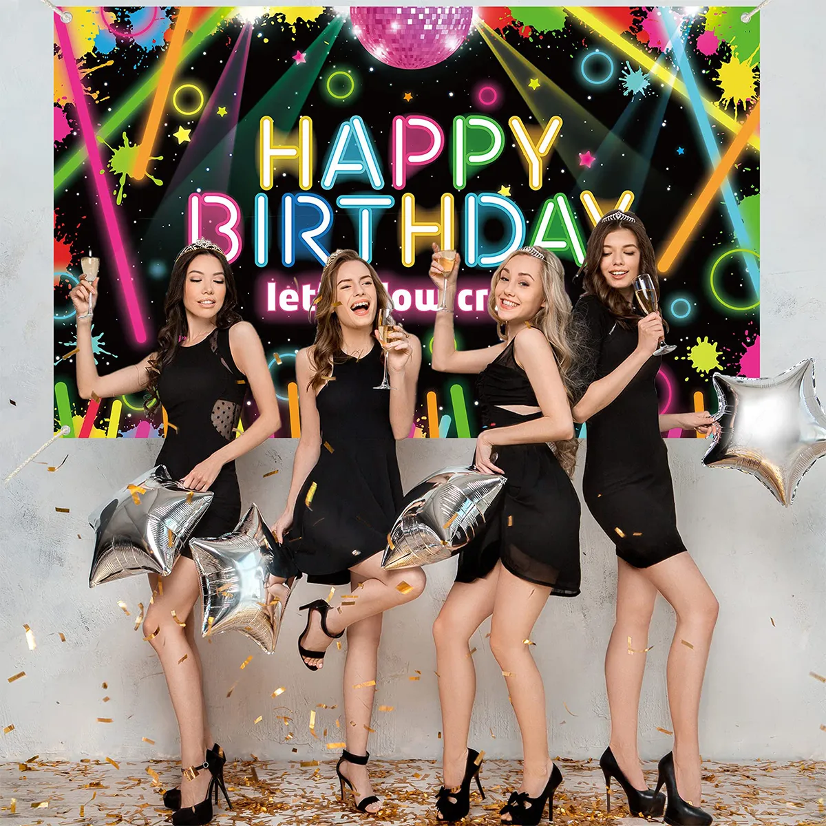 Happy Birthday Party backdrop deutsch with Fluorescent Decorations for ...