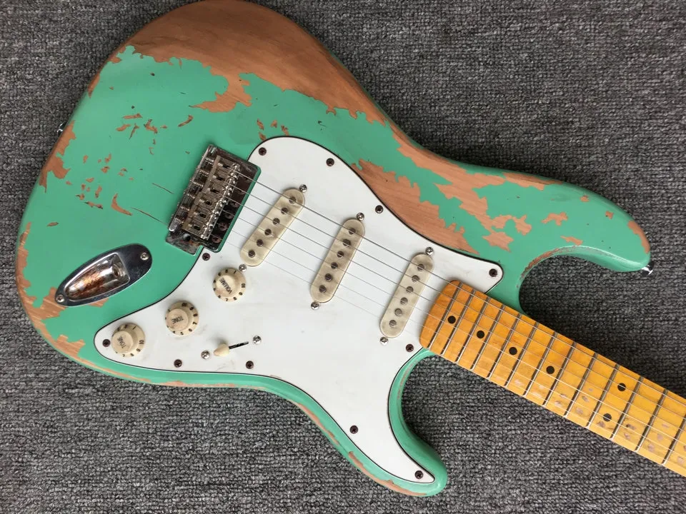 Solid Maple Guitar Body Aged Green ST Electric Guitar with Chrome ...