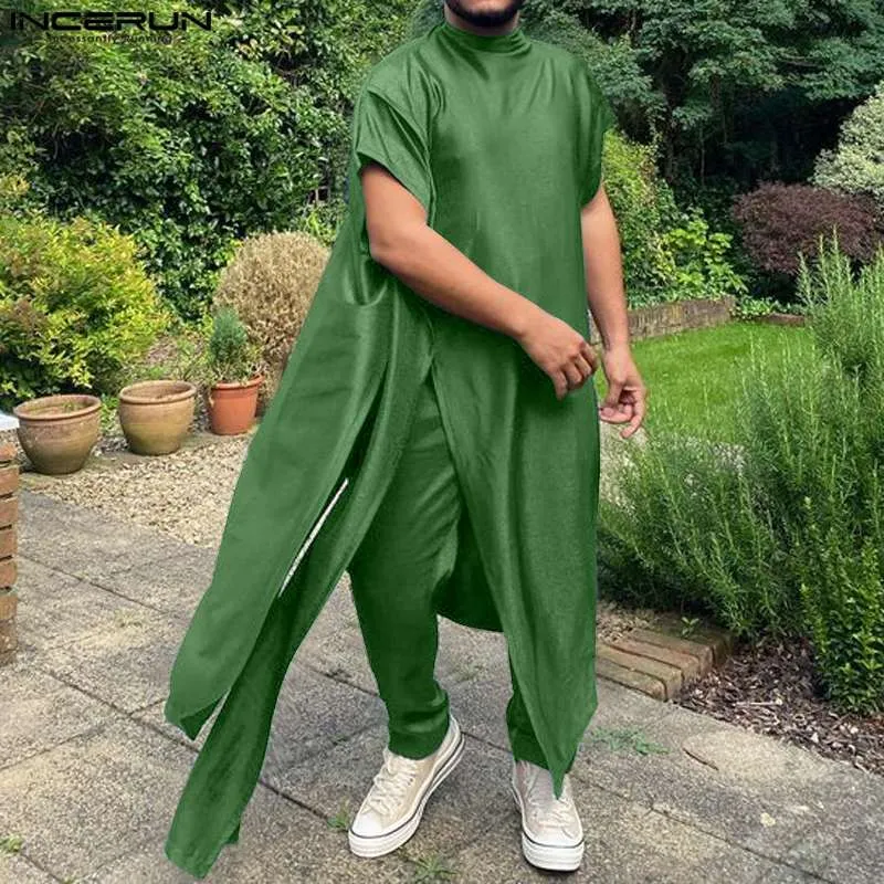 Muslim Style Men's Solid Half-Collar Split-Robe Leisure Sets: S-5XL ...