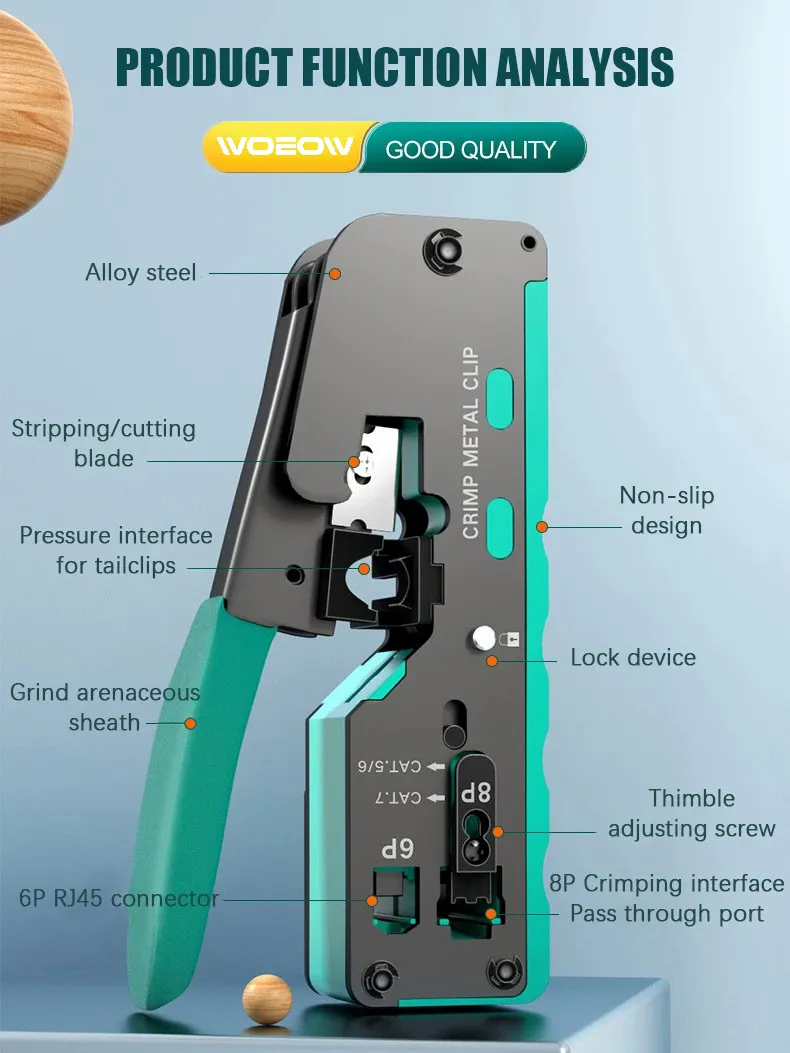 WoeoW RJ45 Crimper Tool with Pass-Through Connectors, Wire Stripper ...