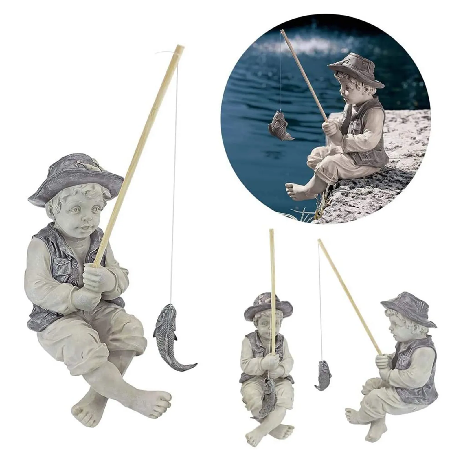 Charming Resin Fisherman Boy Statue, Garden Pond Ornament, Fishing ...
