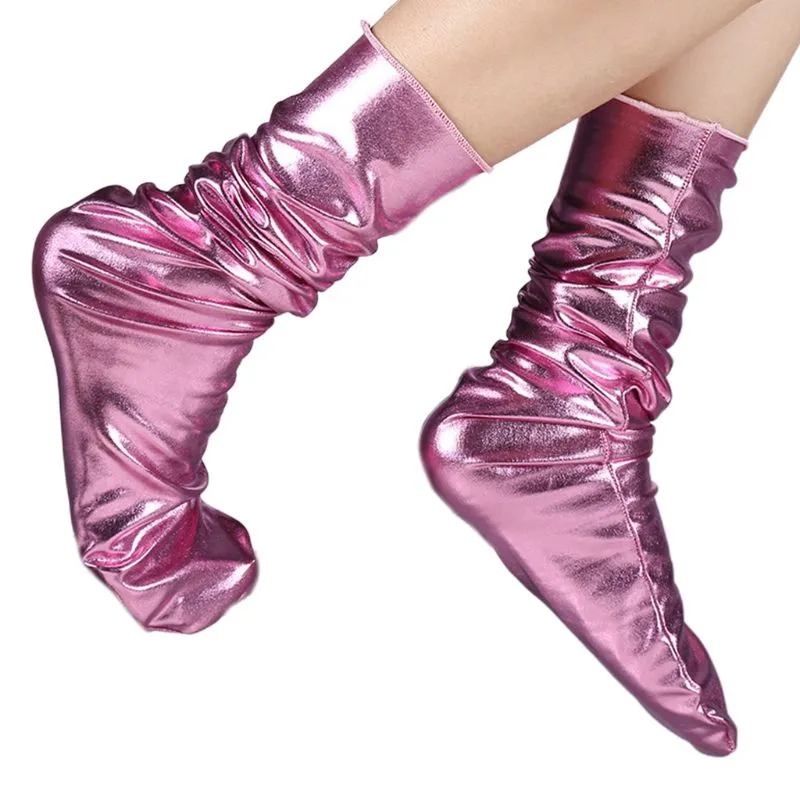Designer Socks Women: Metallic Wetlook Crew Socks Shiny Faux Patent ...