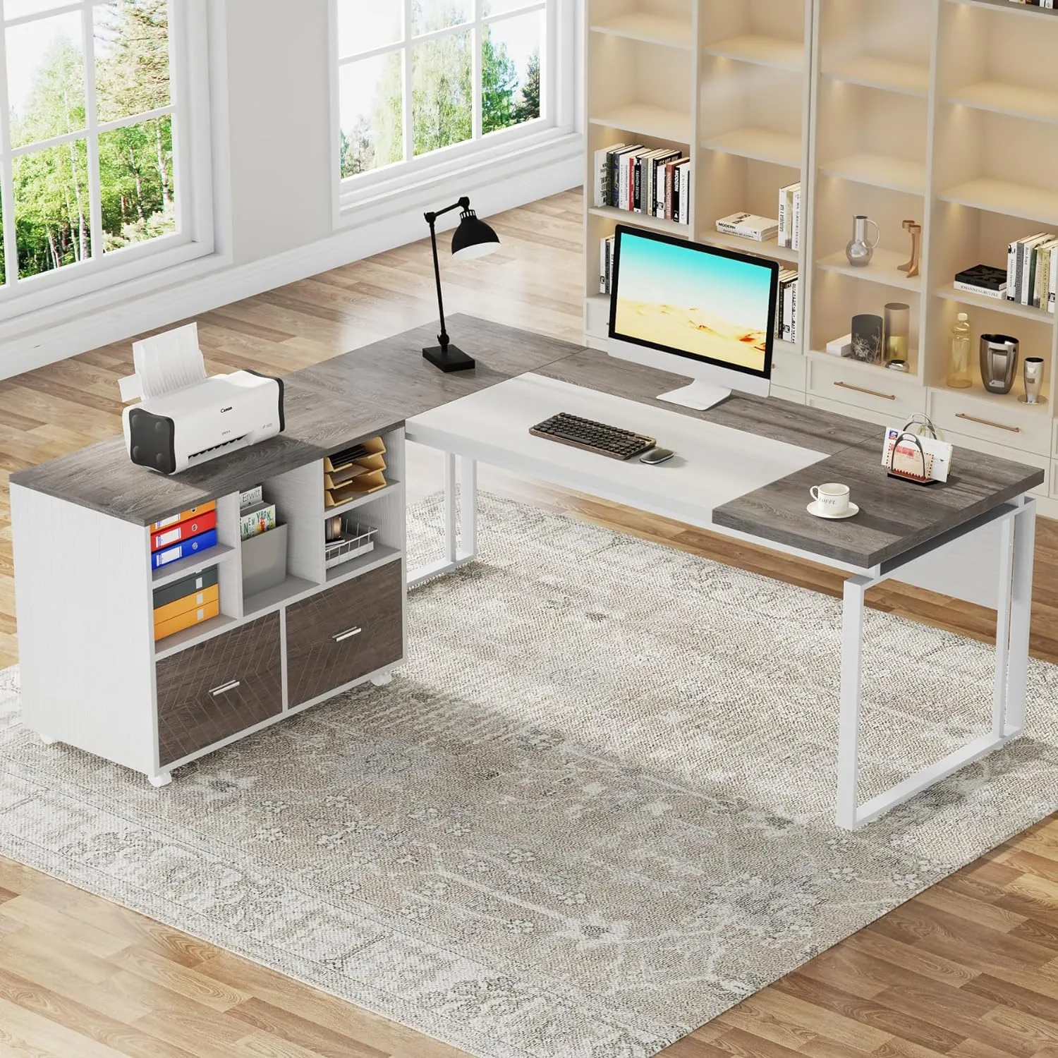 Tribesigns L Shaped Executive Desk With Reversible File Cabinet, 63 ...