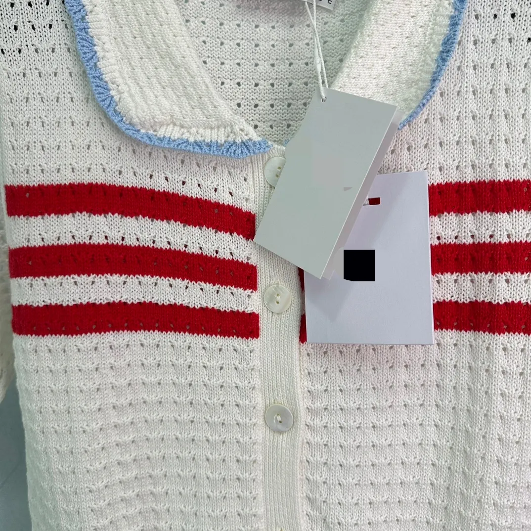 2024 Summer Women's Lapel Neck Cardigan: Striped Short Sleeve White ...