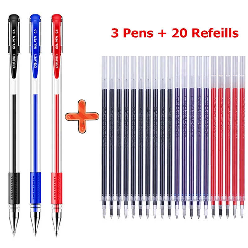 Gel Ink Pen Set 3 Pens + 20 Refills 0.5mm Black Blue Red for Office ...