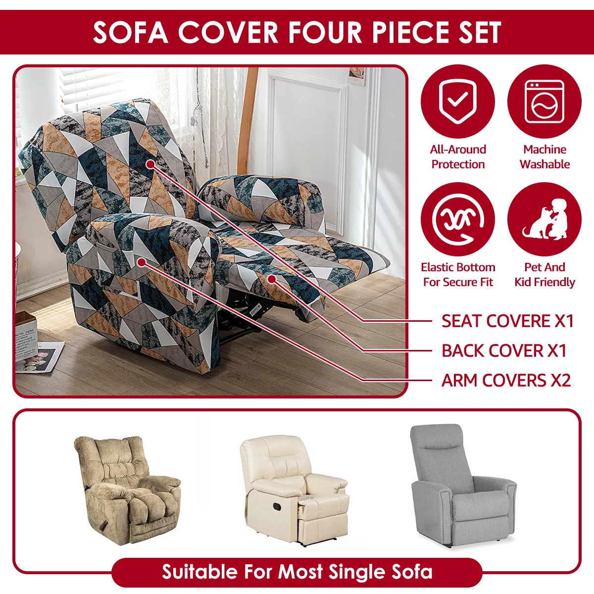 Washable Spandex Relax Recliner Single Sofa Cover for Armchair, Soft 1 ...