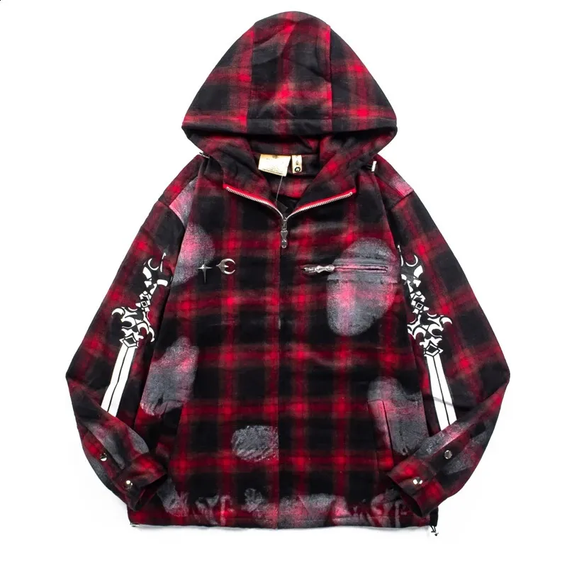 Retro Thug Club Holy Sword Printed Plain Weave Plaid Hoodie With Zipper ...