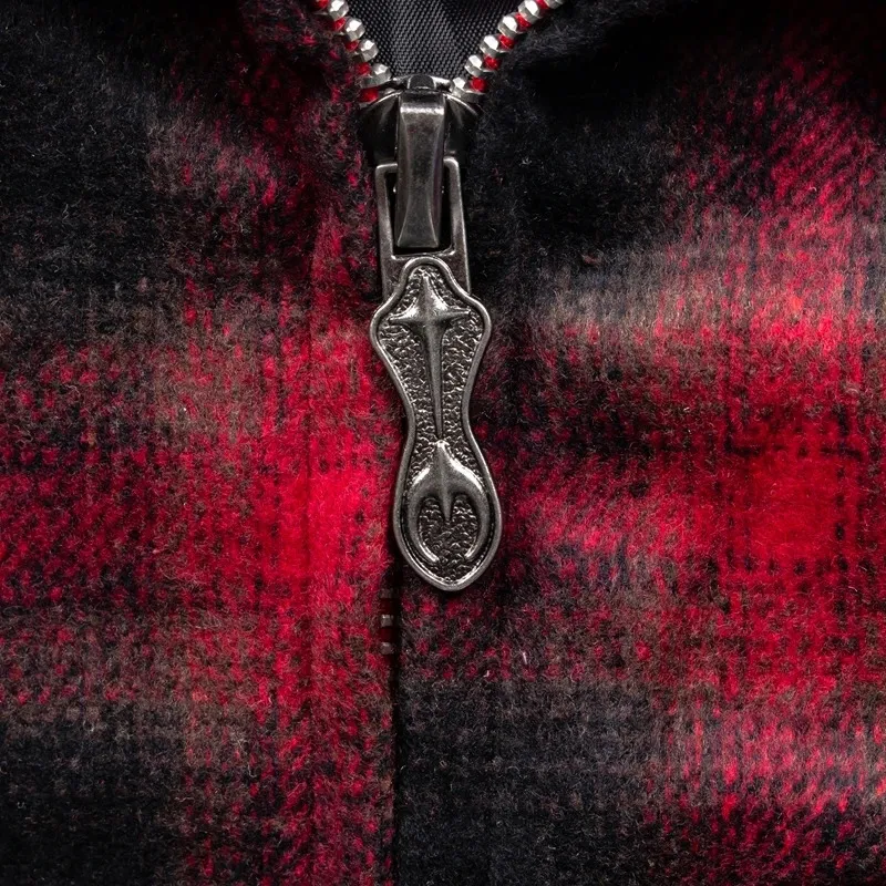 Retro Thug Club Holy Sword Printed Plain Weave Plaid Hoodie With Zipper ...