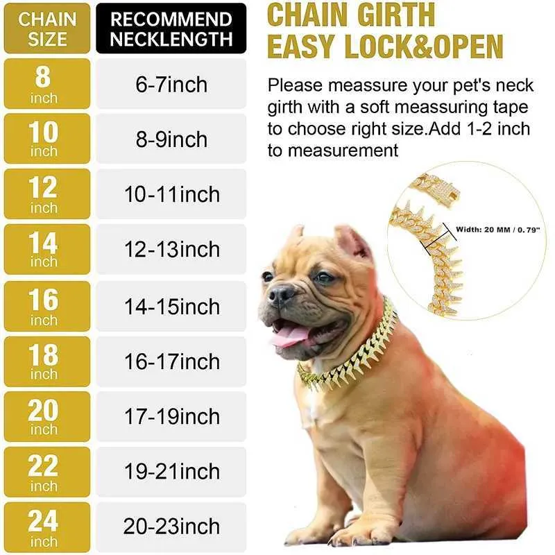 Luxurious Gold Cuban Chain Dog Bling Dog Collars With Pointed Rivet ...