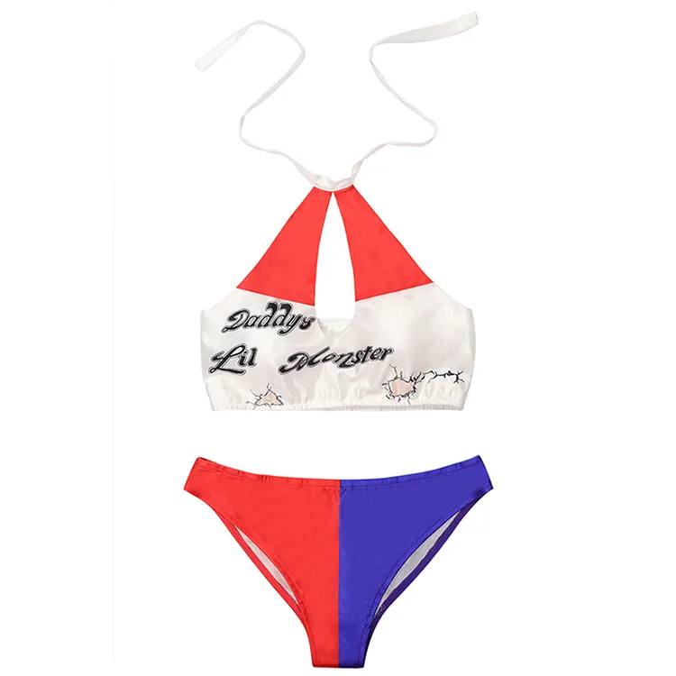 Harley Quinn Swimsuit Costume Red Blue Strap Bikini Swimwear For ...
