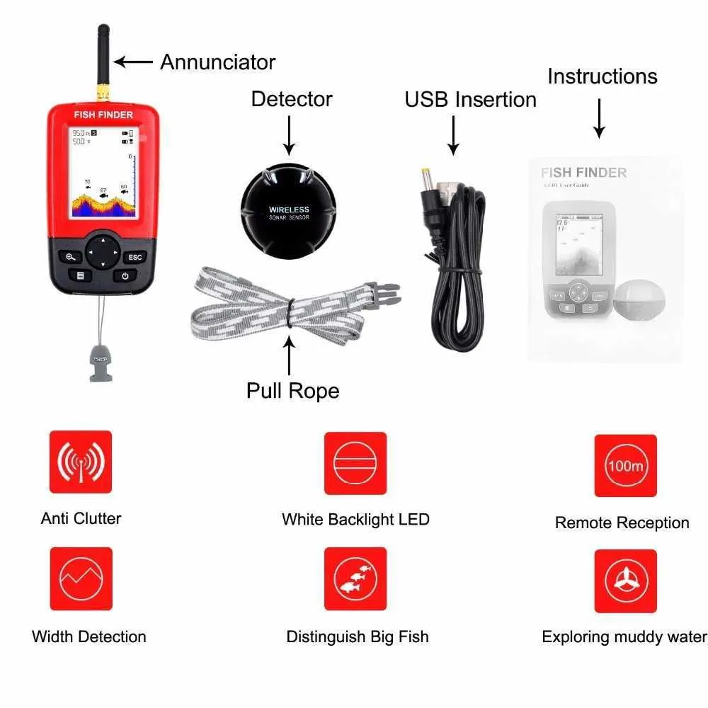 Portable Fish Finder Sonar Sensor with Alarm - Echo Sounder for Fishing ...