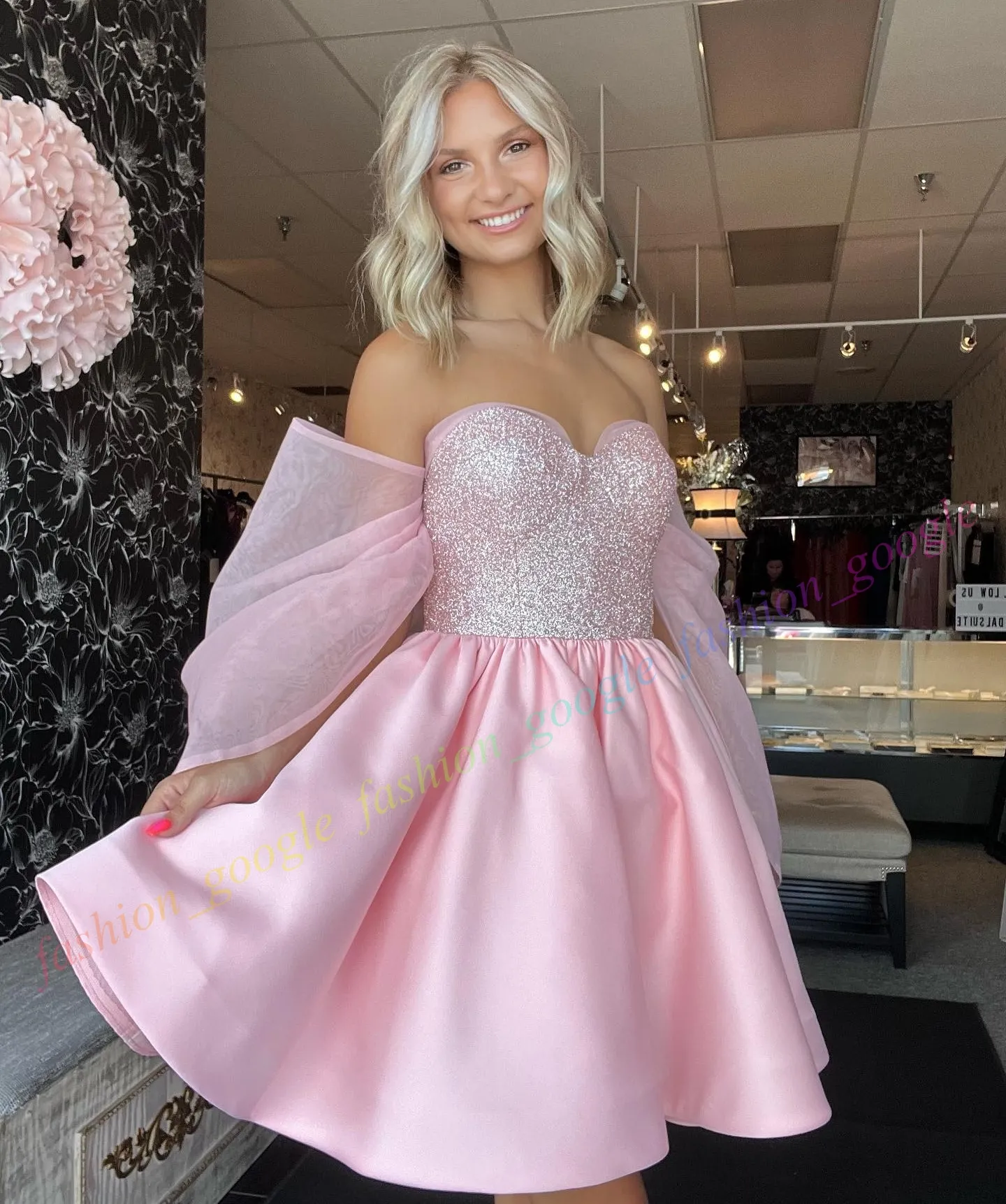 Pink Formal Dress Winter Pink Cocktail Dress With Organza Sleeves