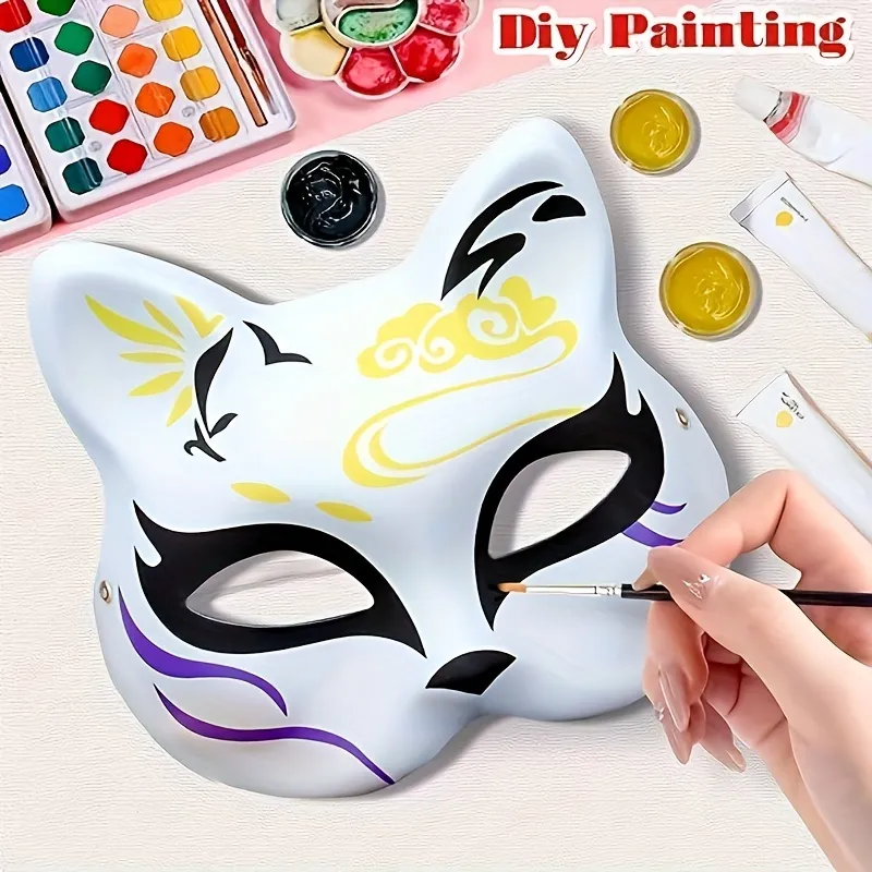 DIY White Cat Mask Hand Painted Therian Animal Mask For Halloween ...