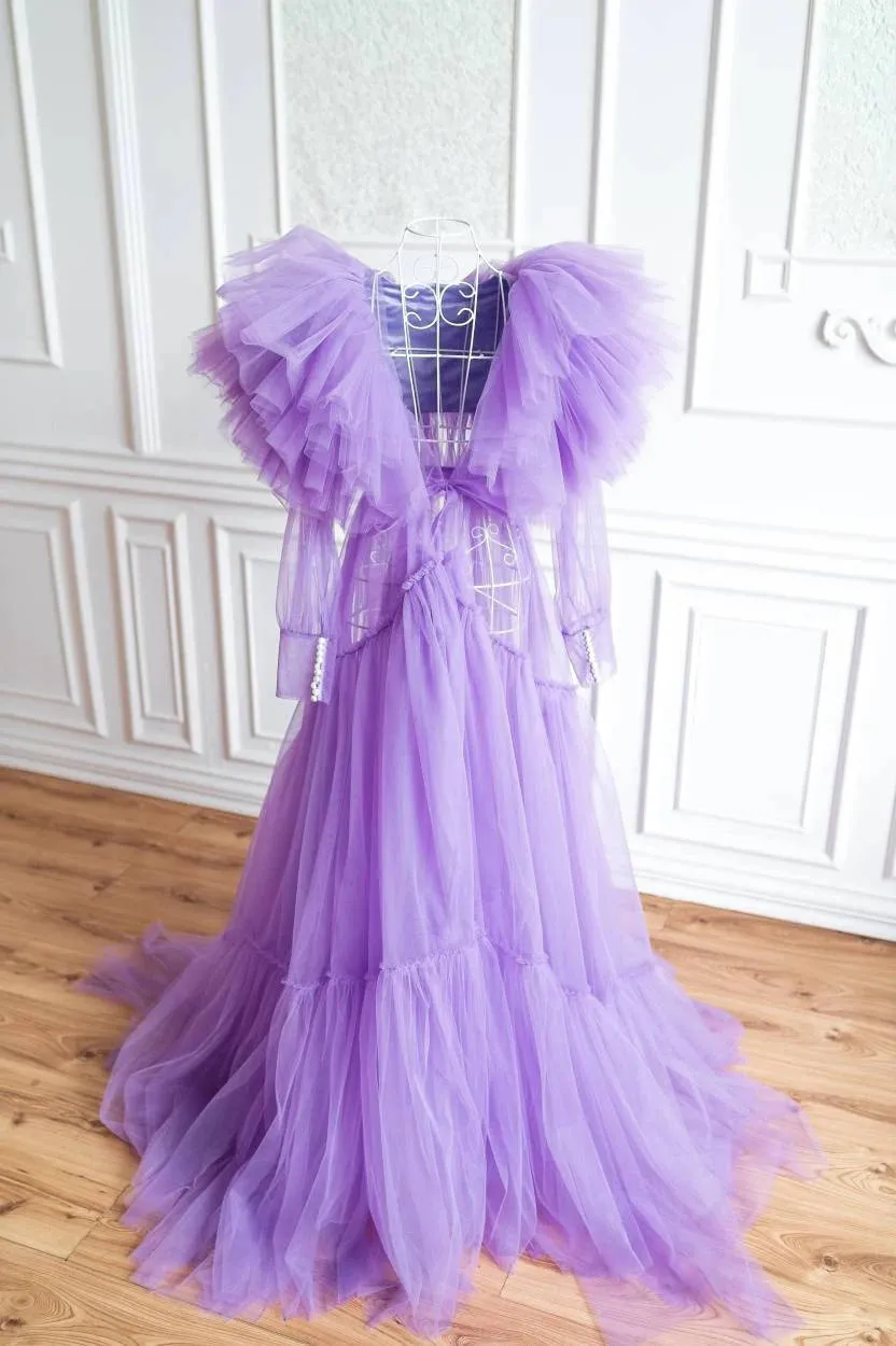 Maternity Ruffle Tulle Robe - Chic V-Neck Evening...