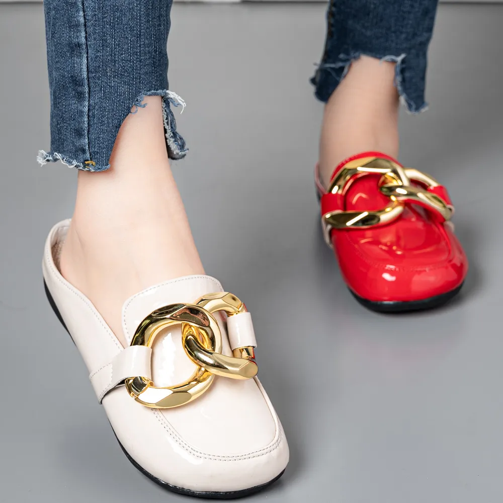 Gold Slippers: Women's Closed Toe Mules With Delicate Chain Detail ...