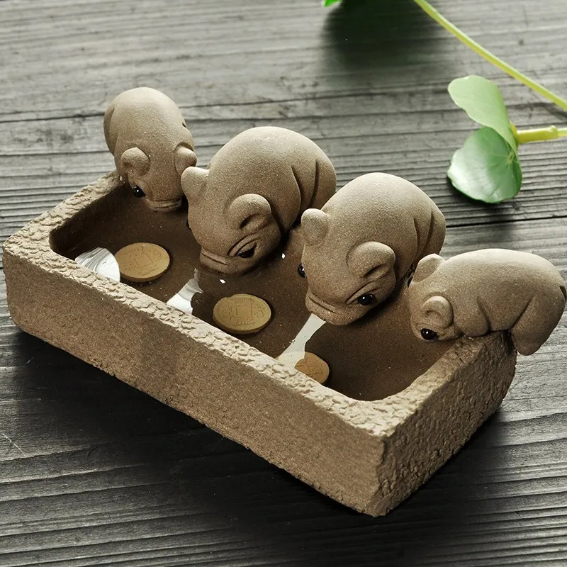 Four Piglets Tea Pet Set - Handmade Purple Clay Pig Figurines, Lucky ...