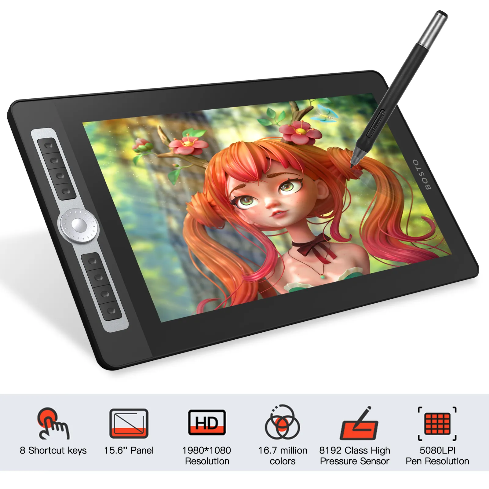 BOSTO 16HD Pro: 15.6 H-IPS LCD Drawing Tablet with 8192 Pressure Levels ...