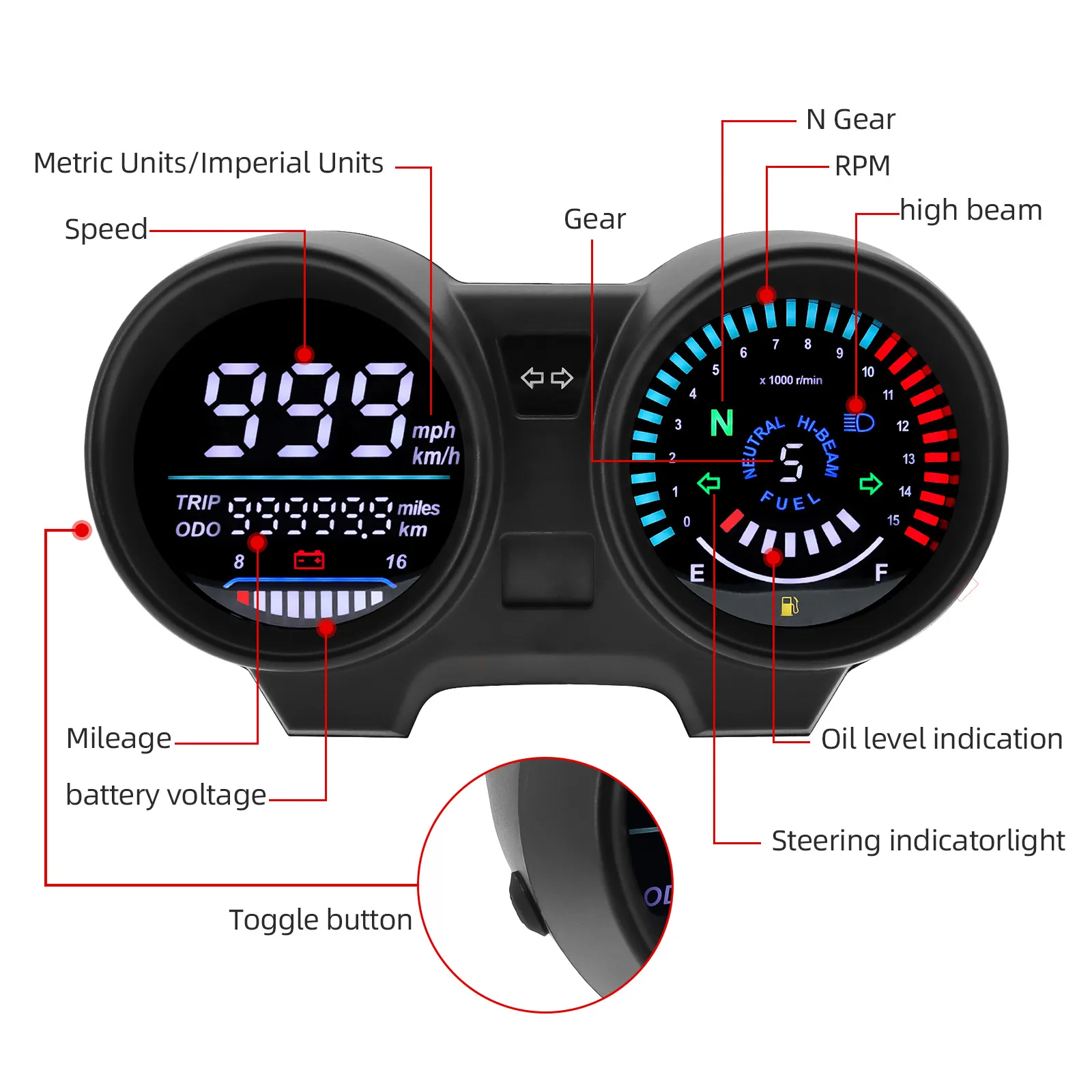 DHgate.com:BrazilWaterproof LED Motorcycle Speedometer & Tachometer for ...