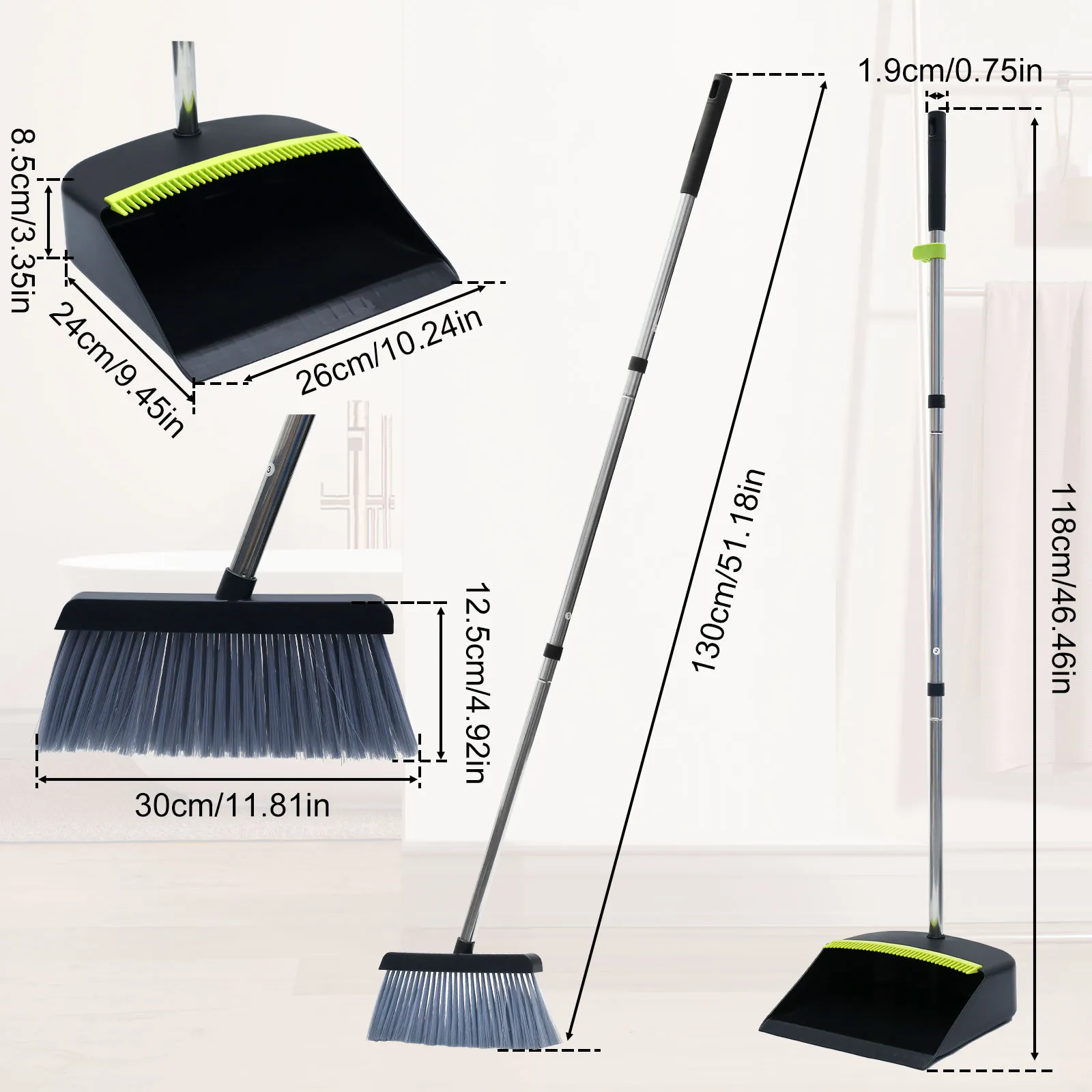 Long Handle Broom and Dustpan Set - Upright Standing Sweeper Combo with ...