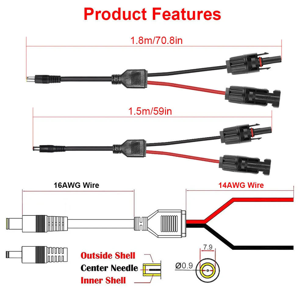 Red & Black 16AWG DC Power Cable DC5521 To DC7909 Male Output Wire, 1 ...