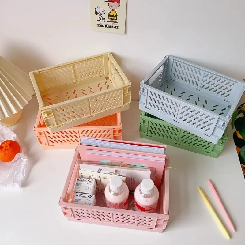 6Color Organizing Storage Baskets Case Folding Student Desktop Basket Tape Stationery Plastic Foldable Container Storage Box
