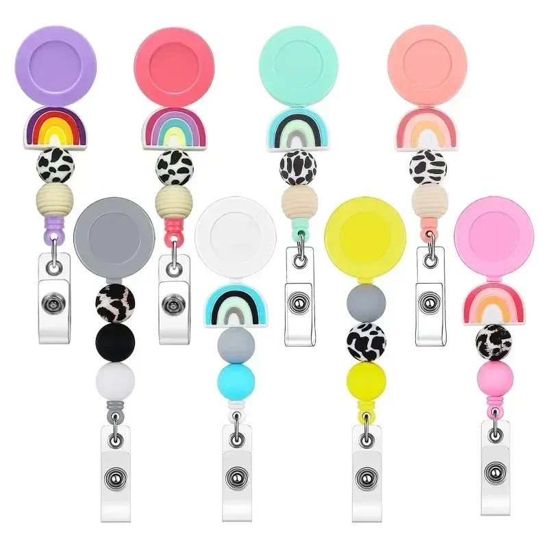 Rainbow Silicone Bead Retractable Card Clip With Cute Macaron Design ...