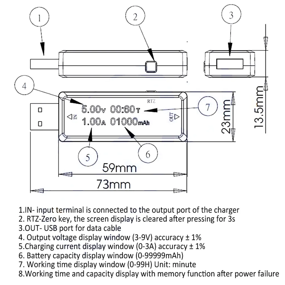 Portable Power Monitor: USB Voltmeter Ammeter Digital Battery ...