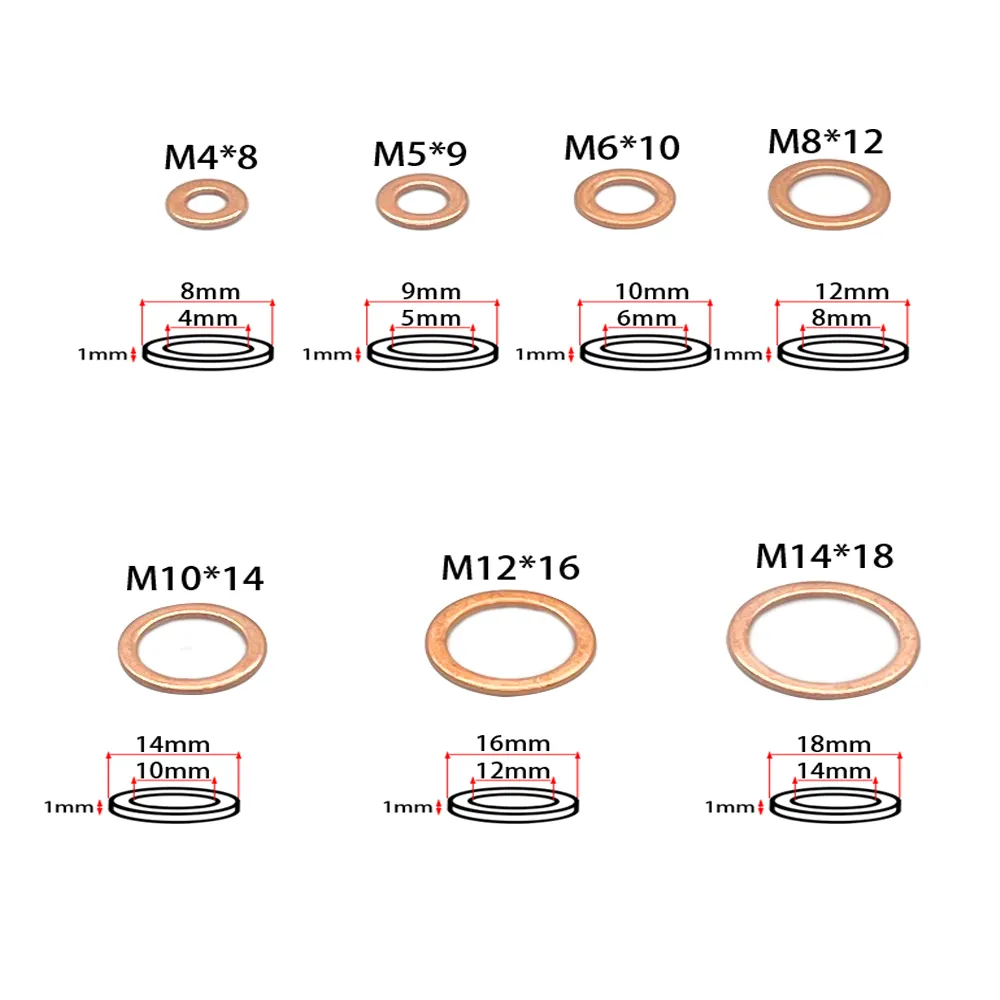 Copper Washer Gasket Nut and Bolt Set, Flat Ring Seal Assortment Kit ...