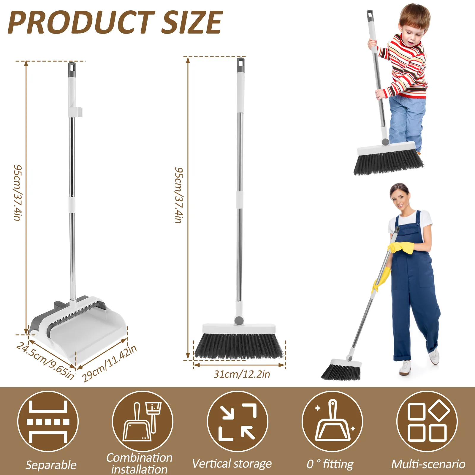 Space-Saving Adjustable Broom and Dustpan Set - Durable Double Scraper ...