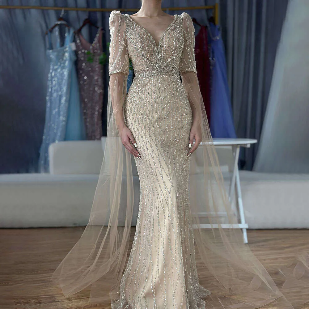 Saudi Arabia Mermaid Evening Gown: Fuia Beaded Cape Sleeve Evening ...
