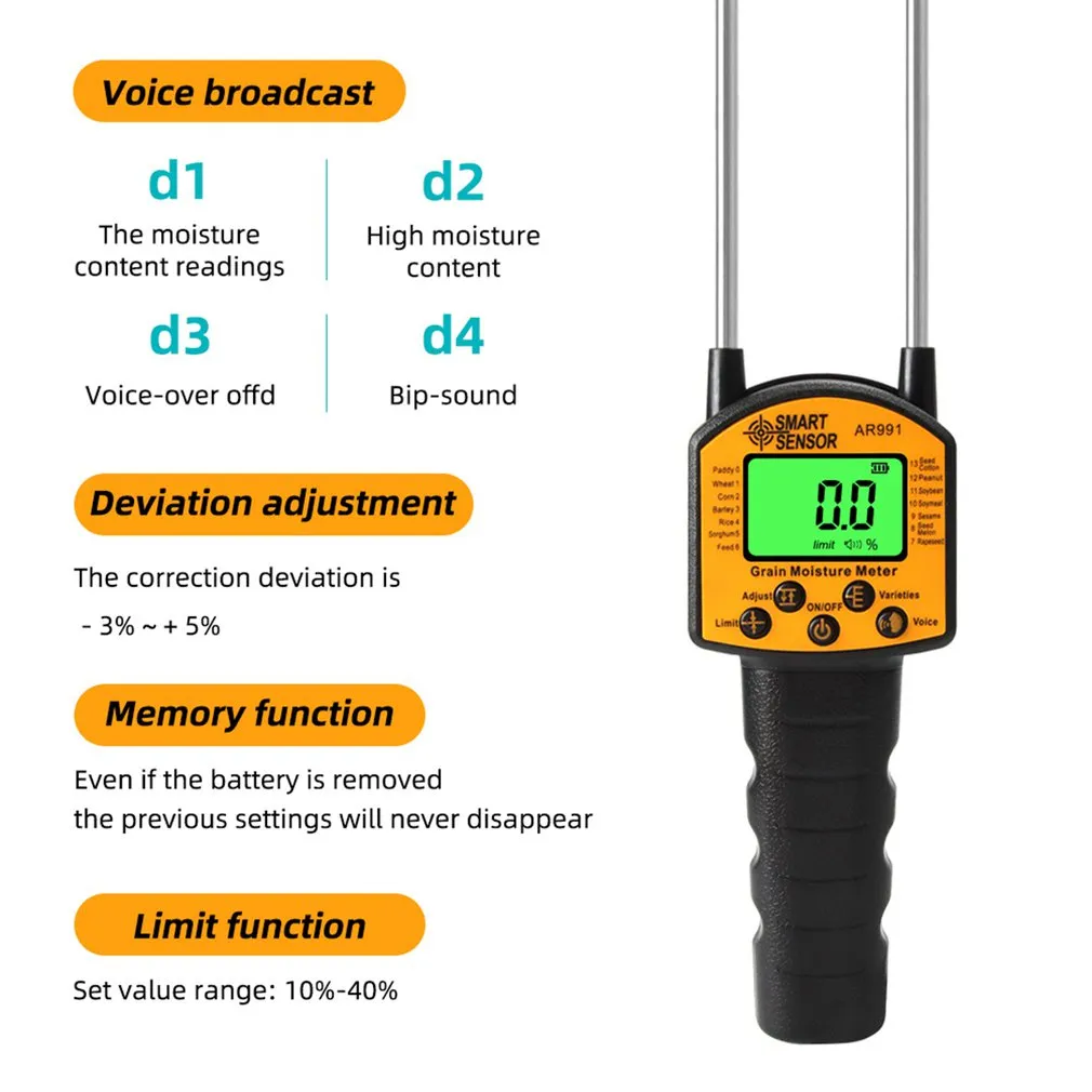 New Digital Moisture Meter Cereal Moisture Meter AR991 Smart Sensor For ...