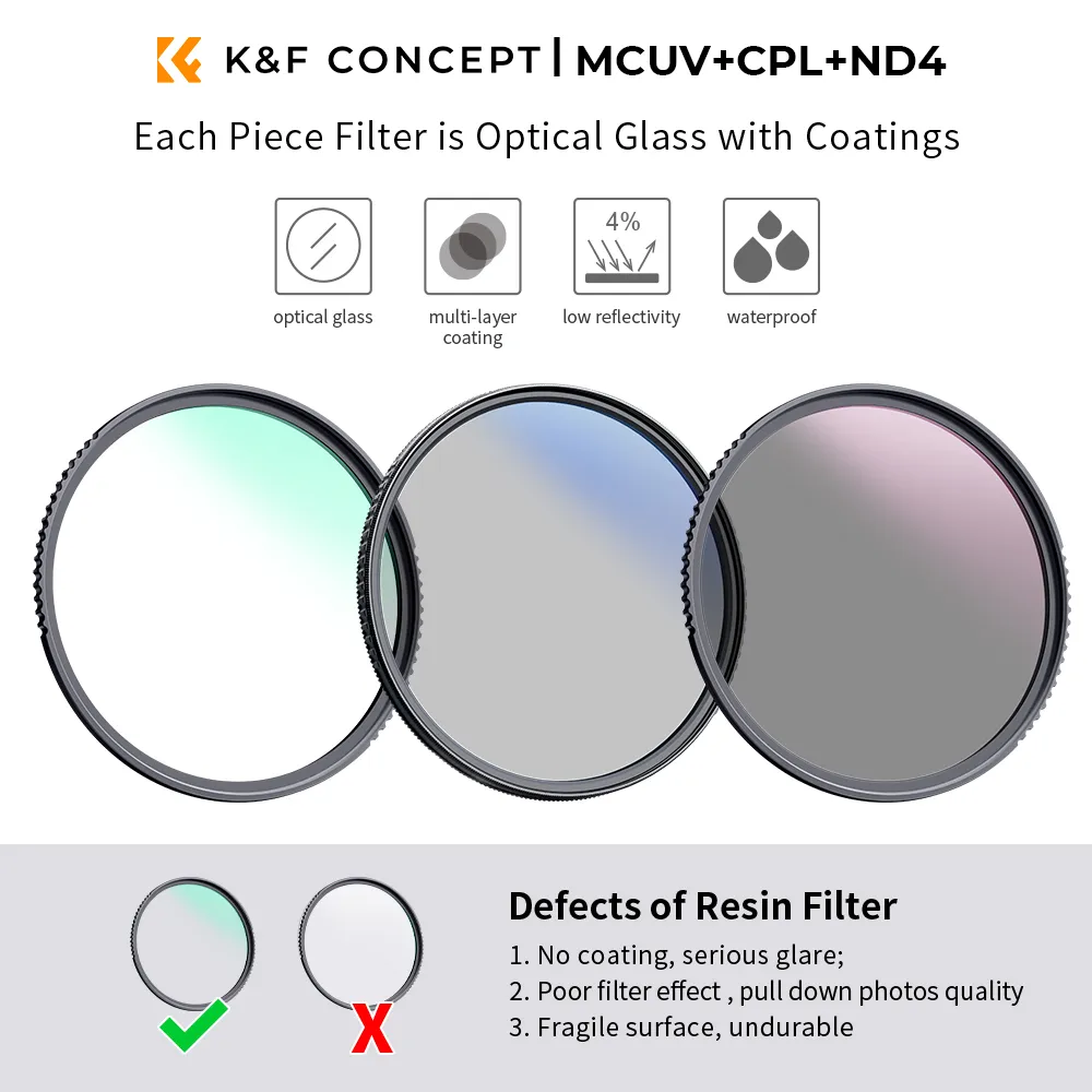 K&F Concept MCUV CPL ND4 Camera Lens Filter Kit for 37mm to 82mm Lenses ...