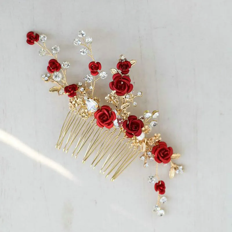 Pearl Bridal Hair Accessories: Red Flower Crystal Comb For Wedding Hair ...