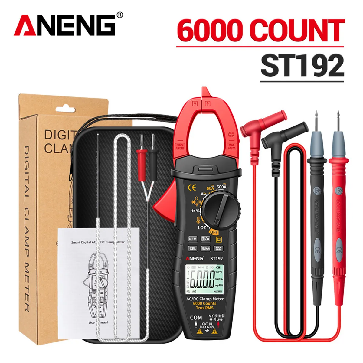 ANENG ST192 Clamp Meter - 600A AC/DC, 6000 Counts Auto-Ranging ...