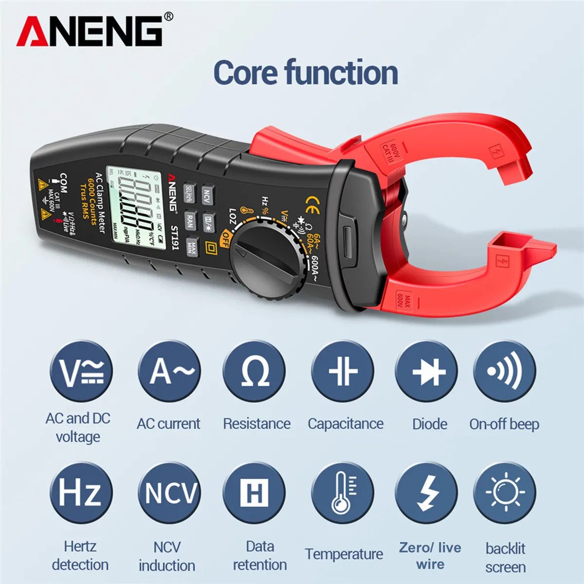ANENG ST192 Clamp Meter - 600A AC/DC, 6000 Counts Auto-Ranging ...