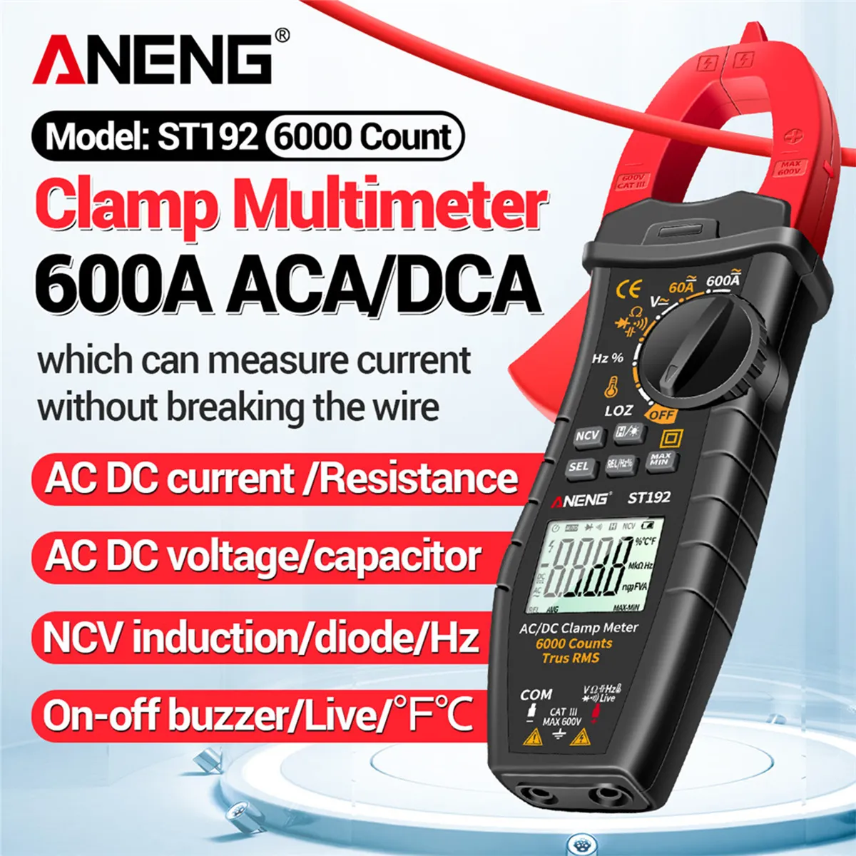 ANENG ST192 Clamp Meter - 600A AC/DC, 6000 Counts Auto-Ranging ...