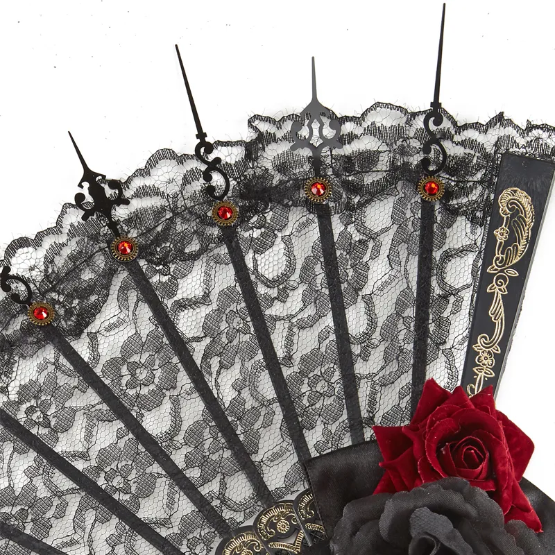 Lolita Fan Vintage Women Lace Hand Fan Gothic Clock Pointer Crystal ...