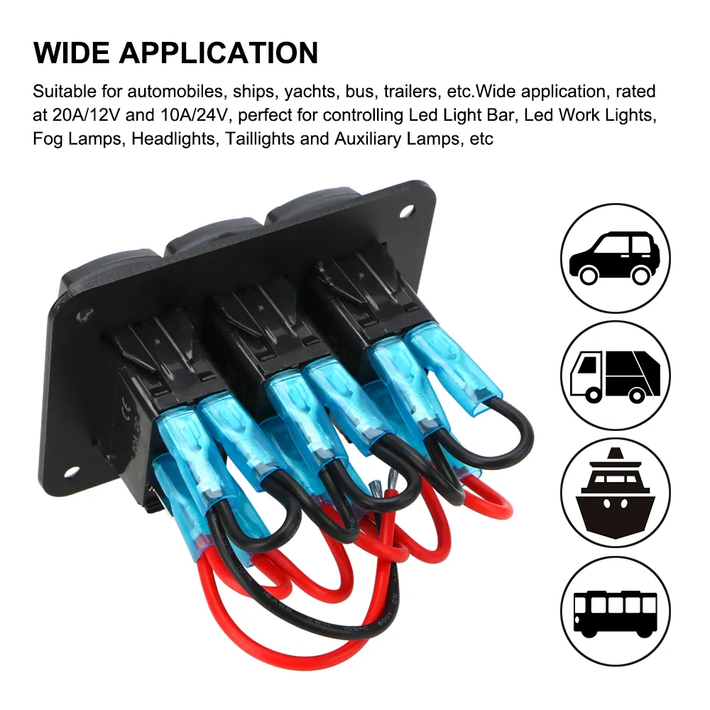 Waterproof 12V Switch Control Panel 3 Gang Rocker Switch With LED ...