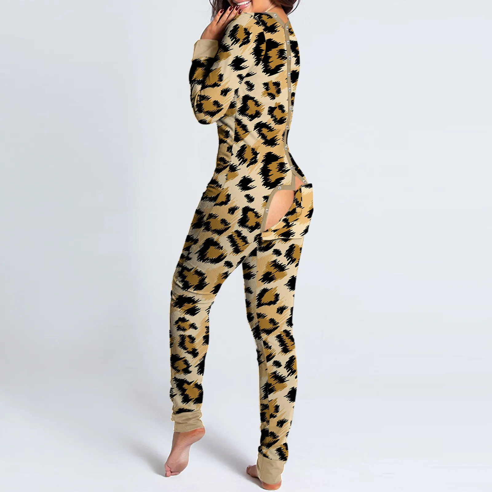 Sexy Leopard Print Pajama Jumpsuit for Women - Functional Buttoned Flap ...