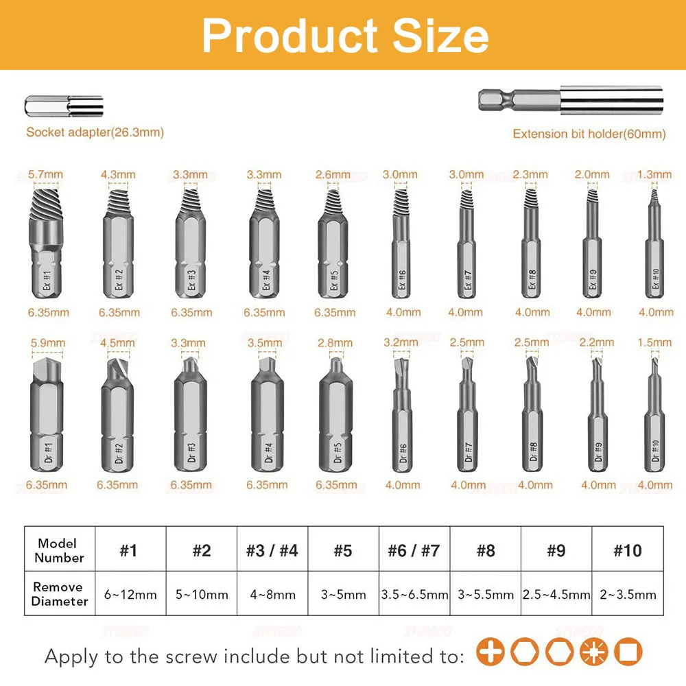 Damaged Screw Extractor Set High Speed Steel Broken Bolt Remover Kit ...