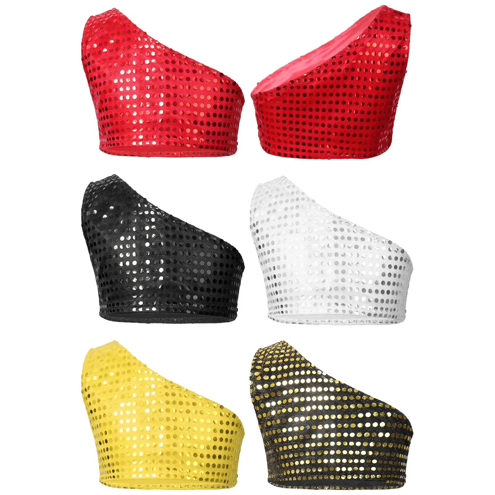 Girls' Shiny Sequin Dance Top - Kids One Shoulder Crop Top for Jazz, Gymnastics, Ballet, Stage ...