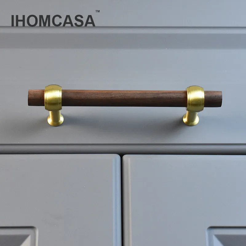 Natural Walnut Wood Cabinet Knobs - Brushed Brass Accents, Elegant Dresser Drawer Pulls, Shop ...