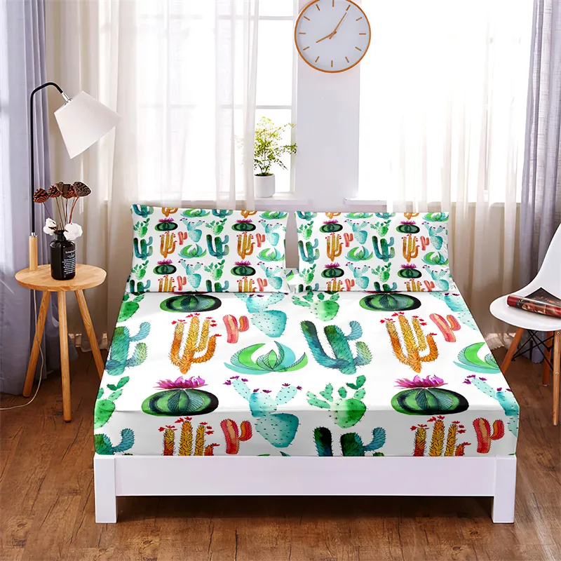 Tropical Cactus Bedding Set - Queen Size Fitted Sheet with Elastic ...