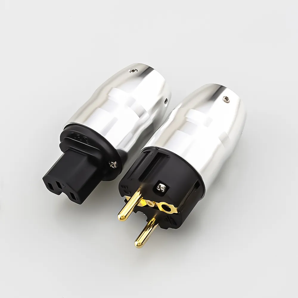 Hi End Silver Aluminium Gold Plated Schuko Female Plug For DIY Hifi ...