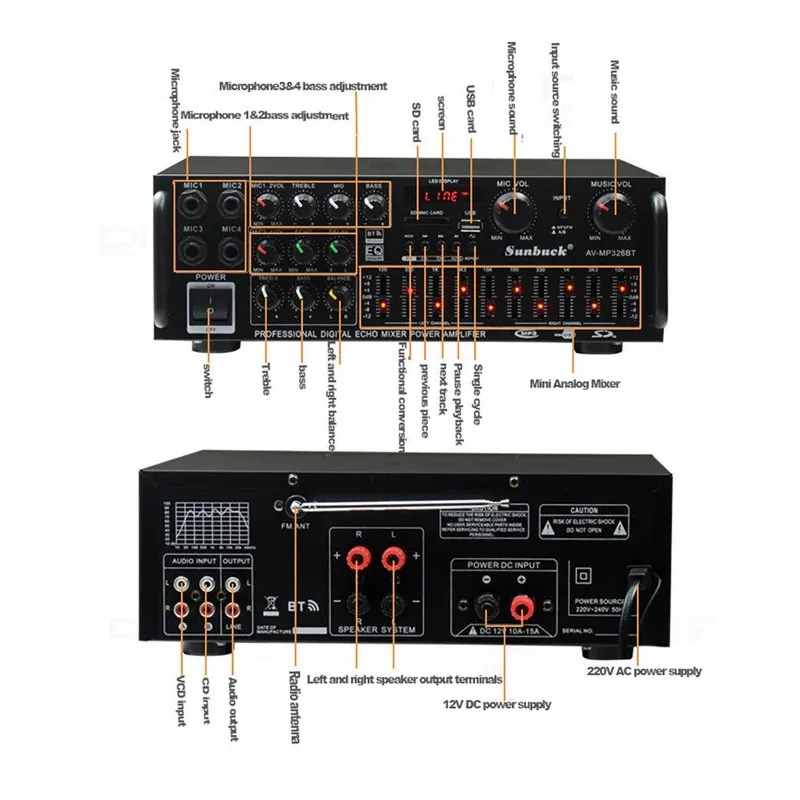 Bluetooth Amplifier 12V Audio Power Amplifier 2000W HiFi Amp Speaker ...